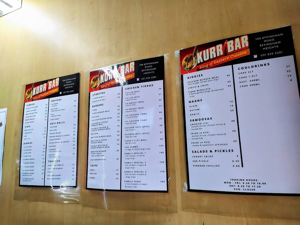 Menu at Kurribar, Durban North