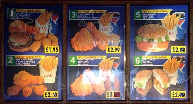 Menu at LFC Chicken restaurant, London, 56 Deptford Broadway
