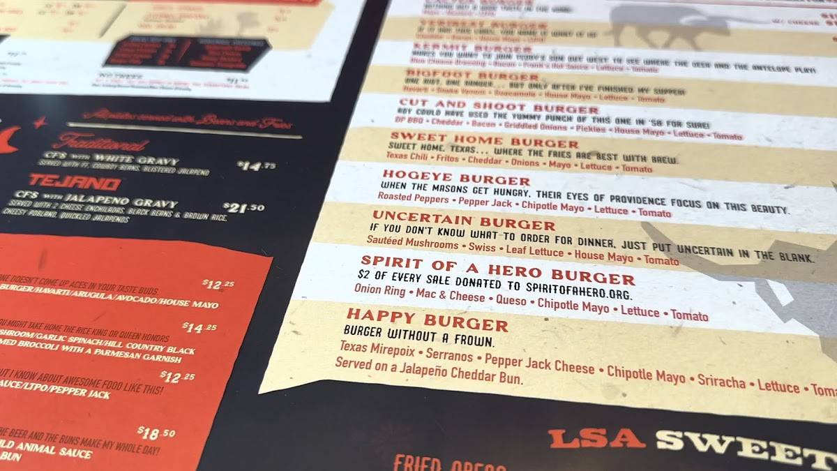 Menu at LSA Burger at Grandscape pub & bar, The Colony