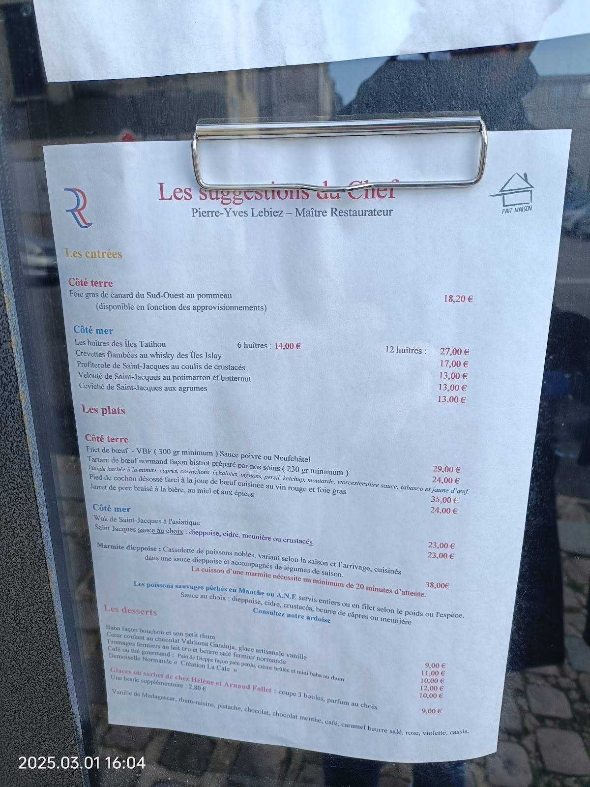 Menu au La Cale - Maître Restaurateur de France restaurant, Dieppe