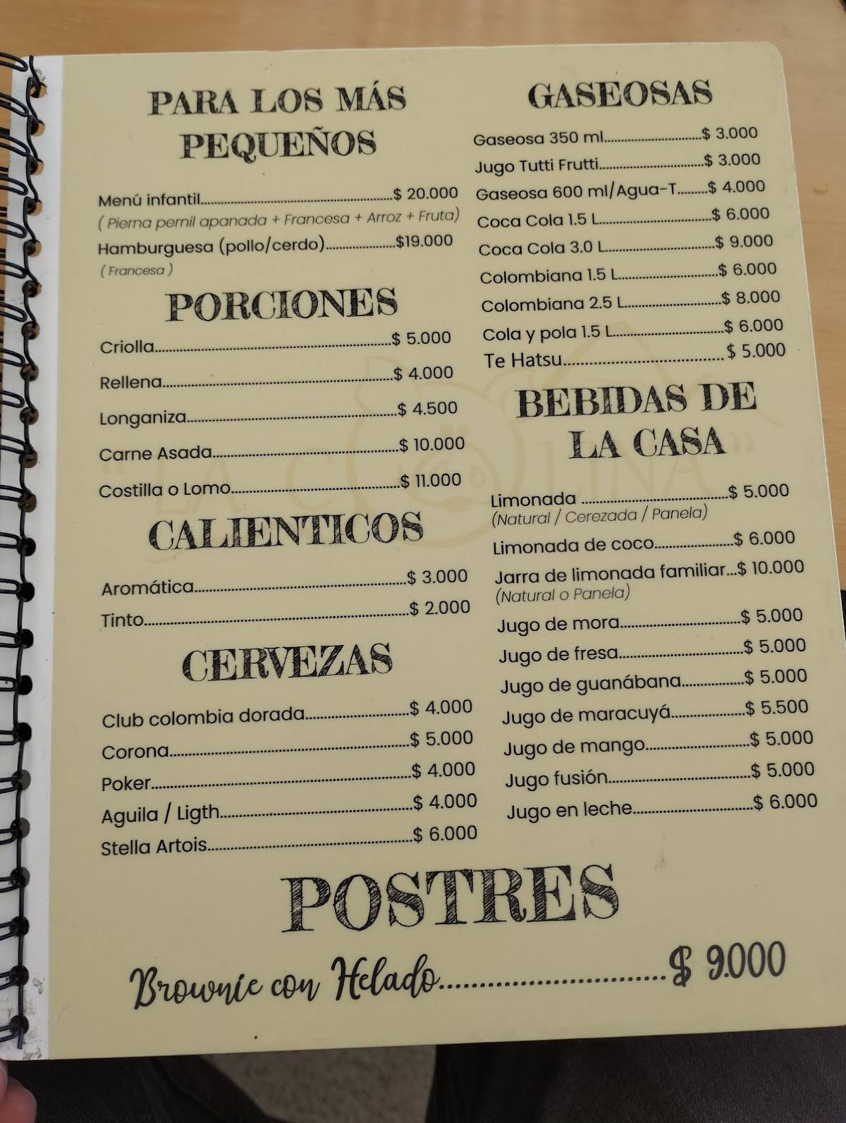 Carta de La Colina Parrilla Campestre, Colombia