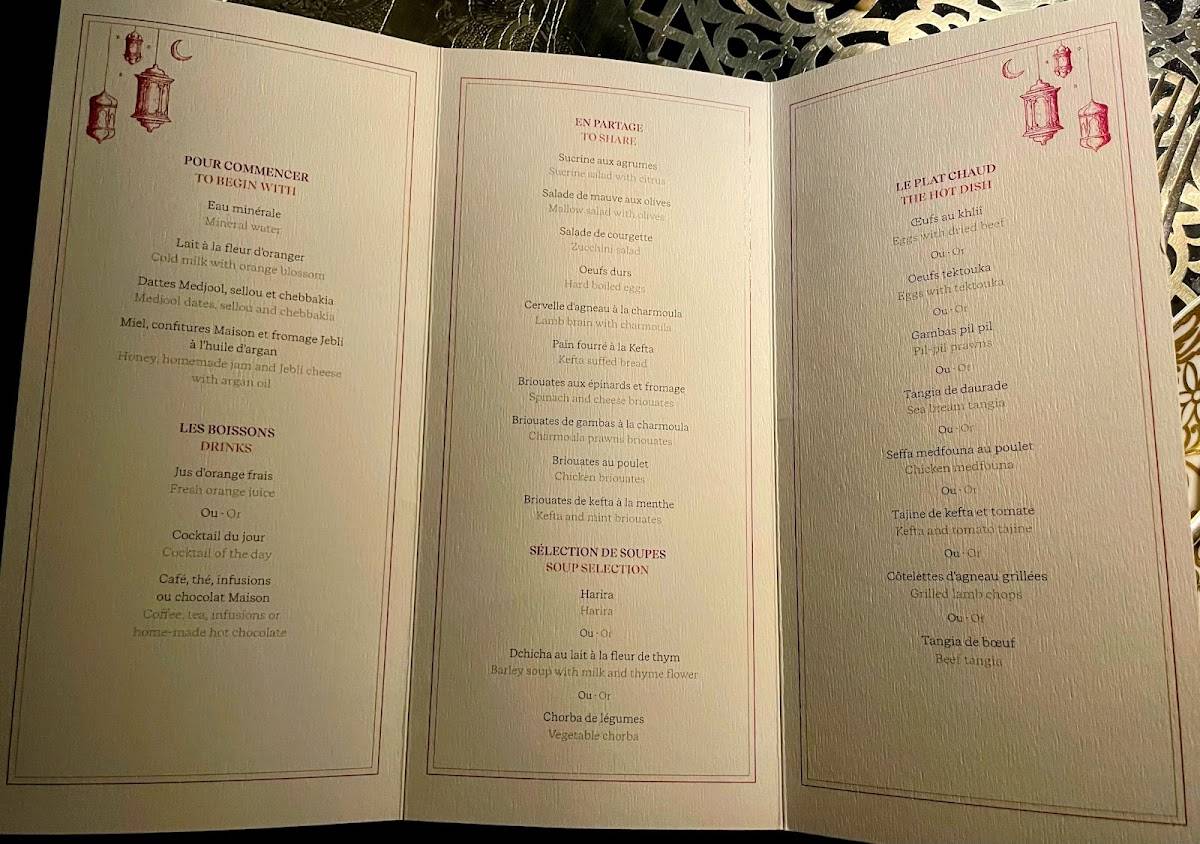 Carta del restaurante La Grande Table Marocaine, Marrakech
