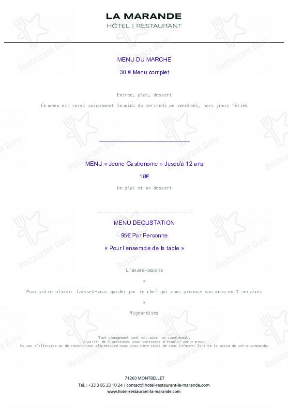 Carta del restaurante La Marande, Montbellet, 1484 route del lugny