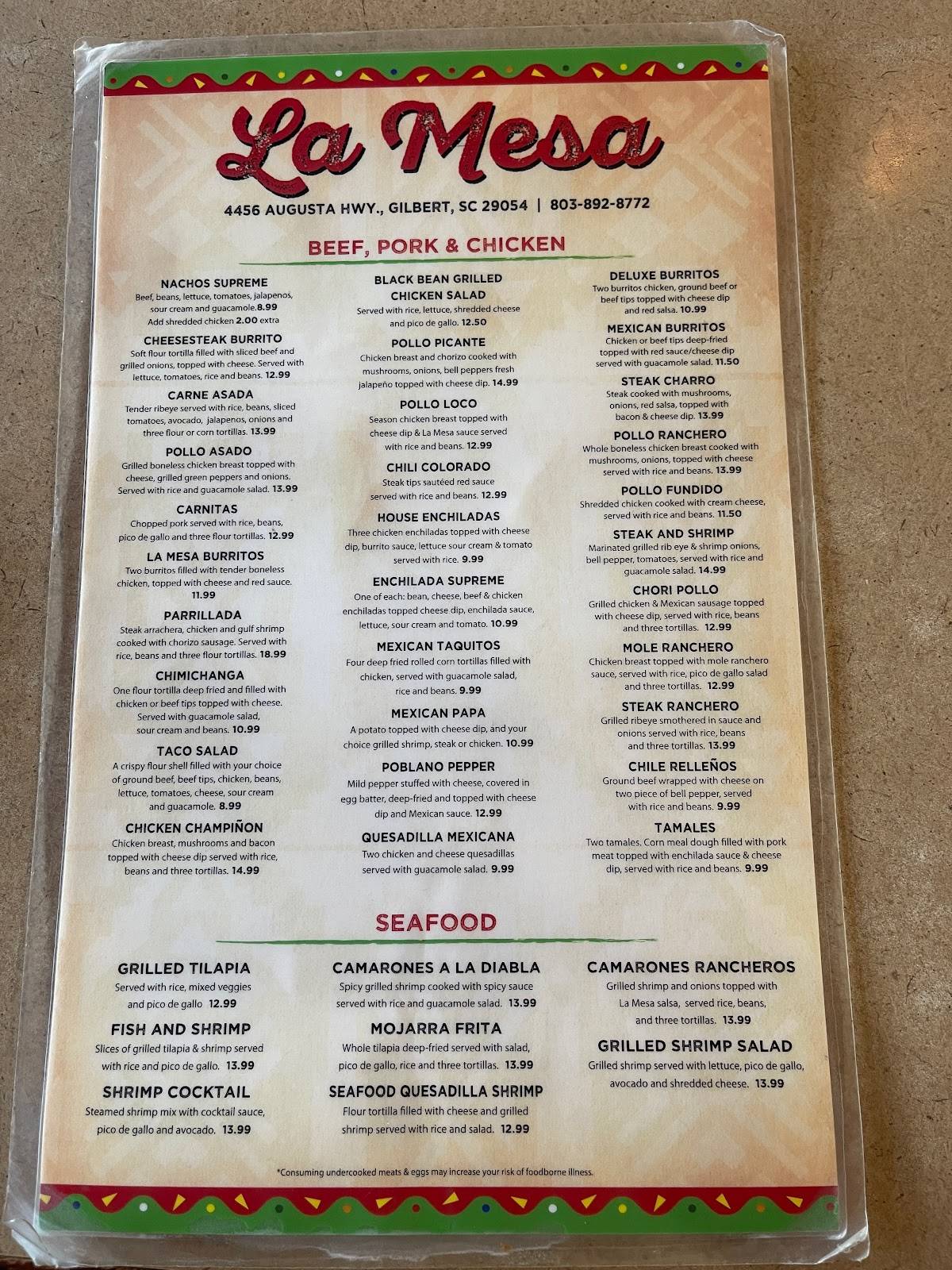 Menu at La Mesa restaurant, Gilbert