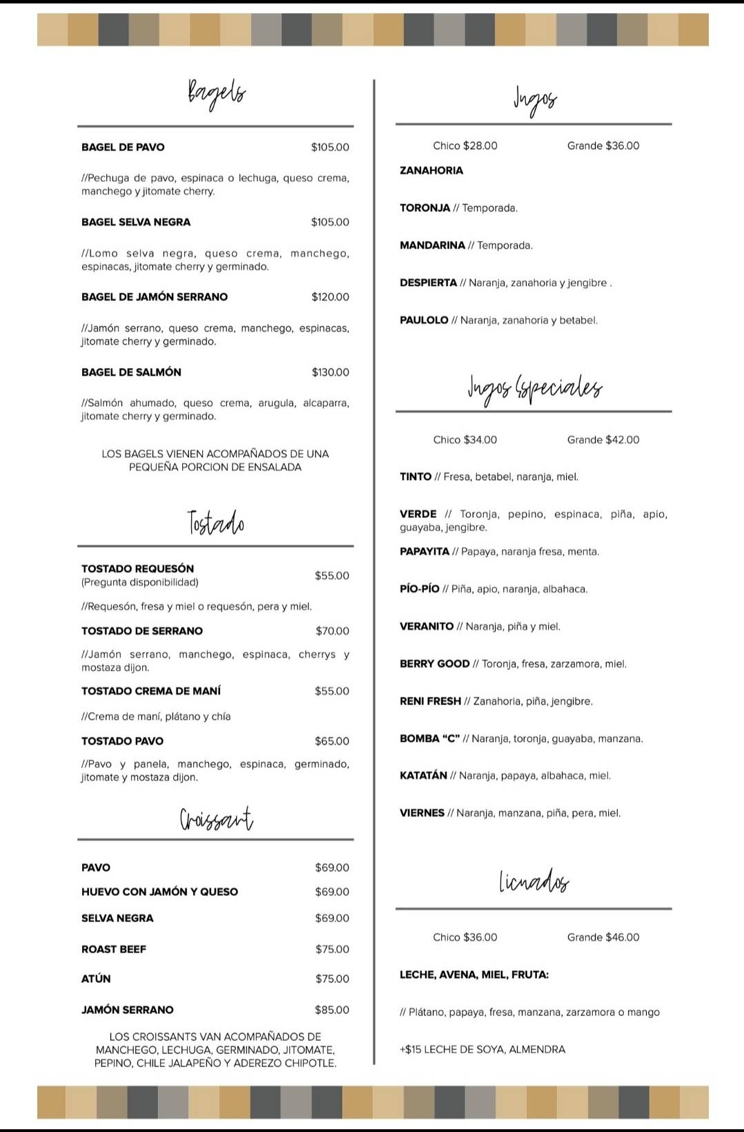 Carta del restaurante La Paninera, Zamora