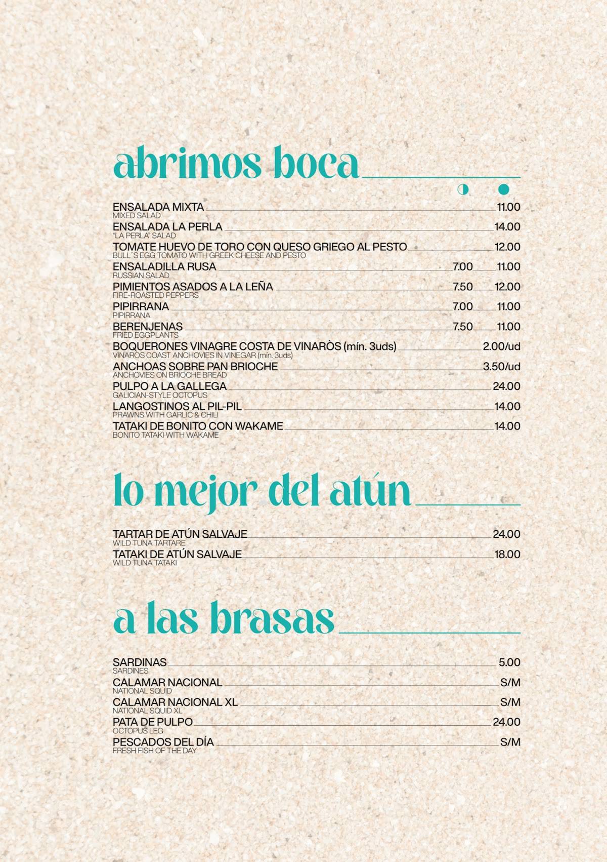 Carta de La Perla Restaurante, Rincón de la Victoria