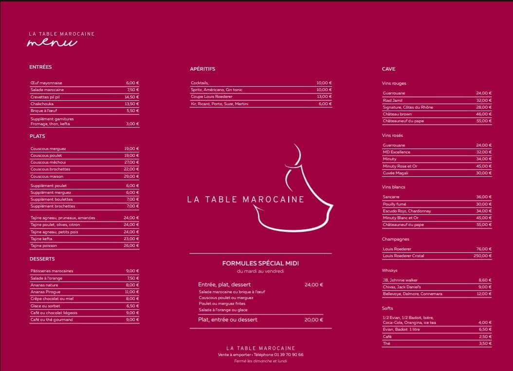 Menu au La Table Marocaine restaurant, Andrésy