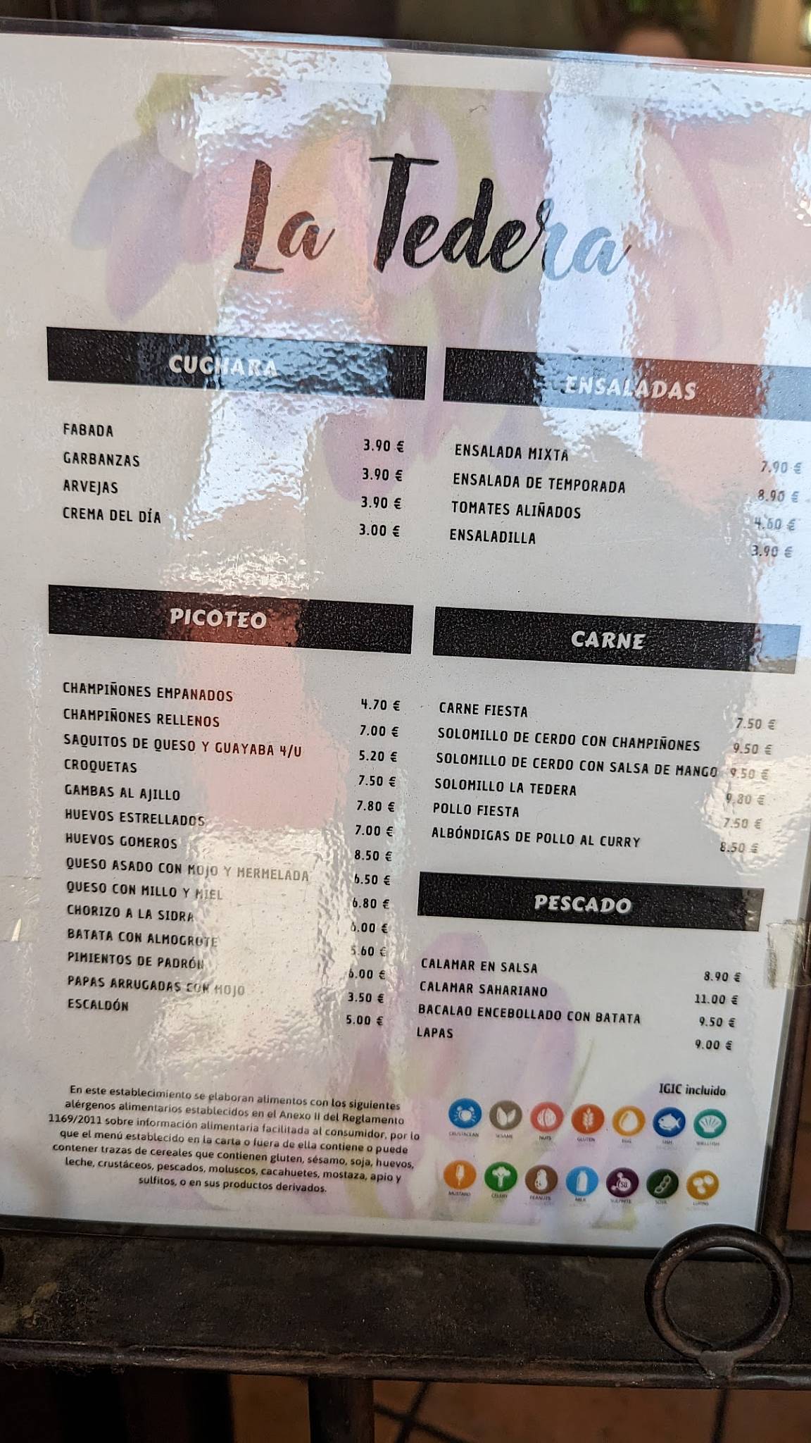 Carta del restaurante La Tedera, San Cristóbal del La Laguna