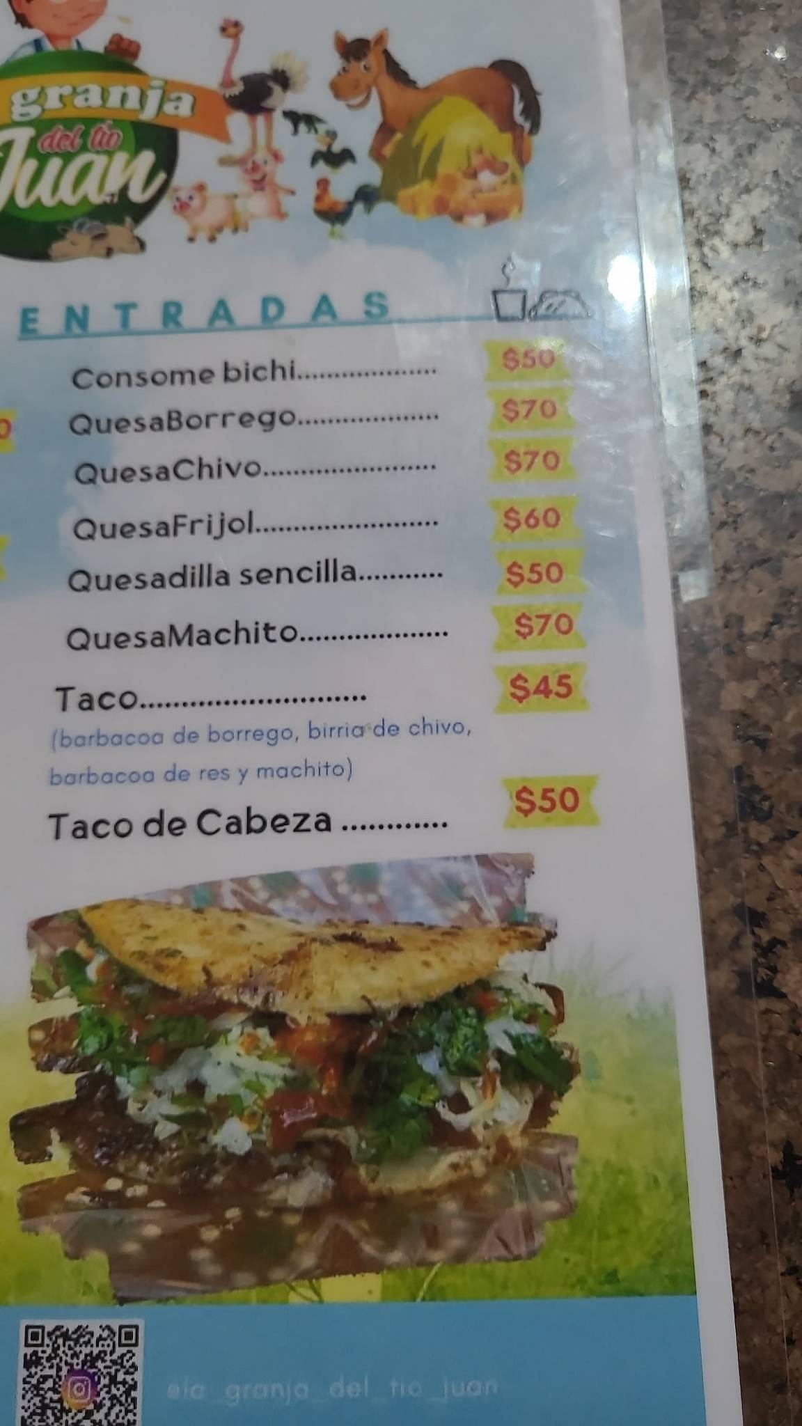 Carta del restaurante La granja del Tío juan, La Rumorosa, Desviación ...