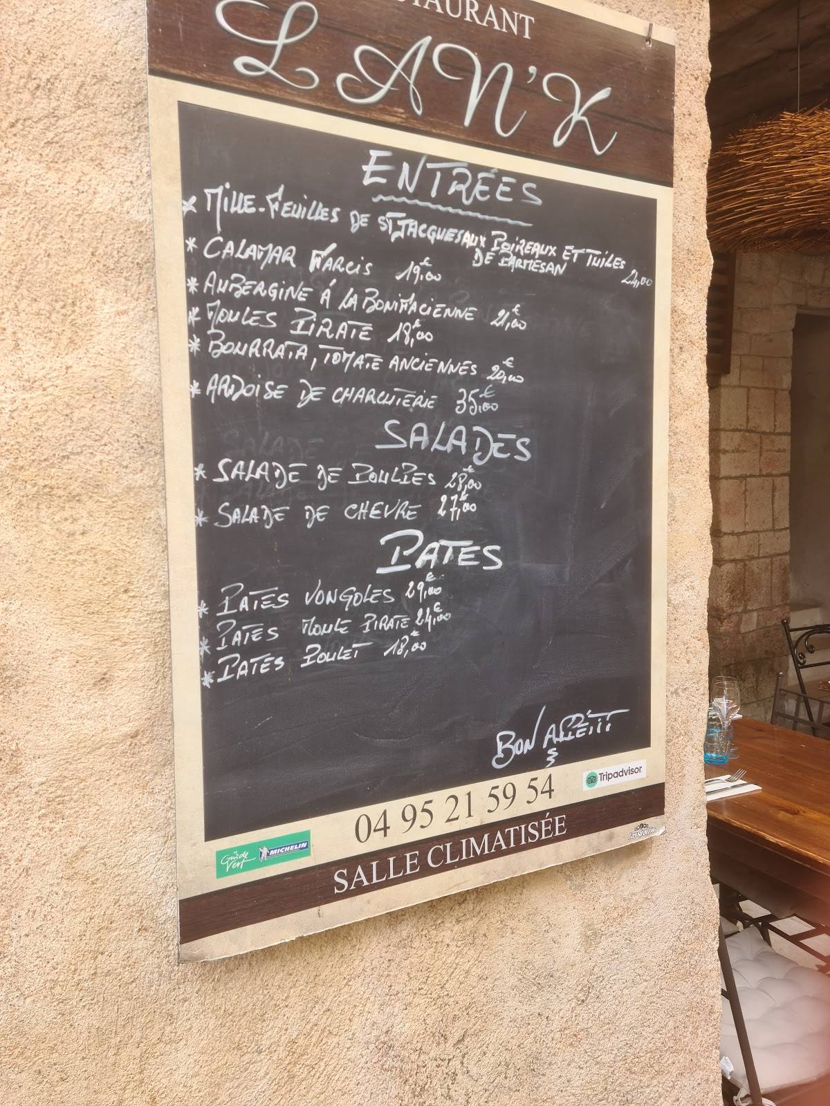 Menu au Restaurant Lan’k, Bonifacio