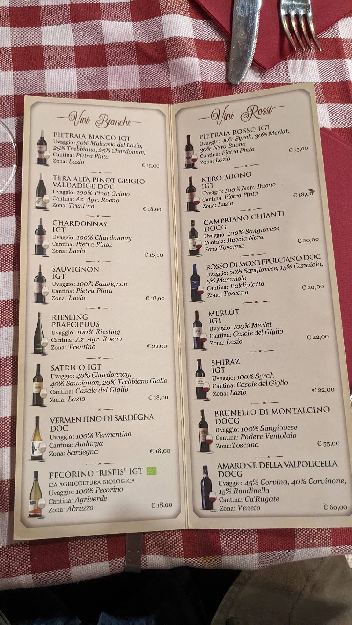 Menu at L'antica Fraschetta restaurant, Rome