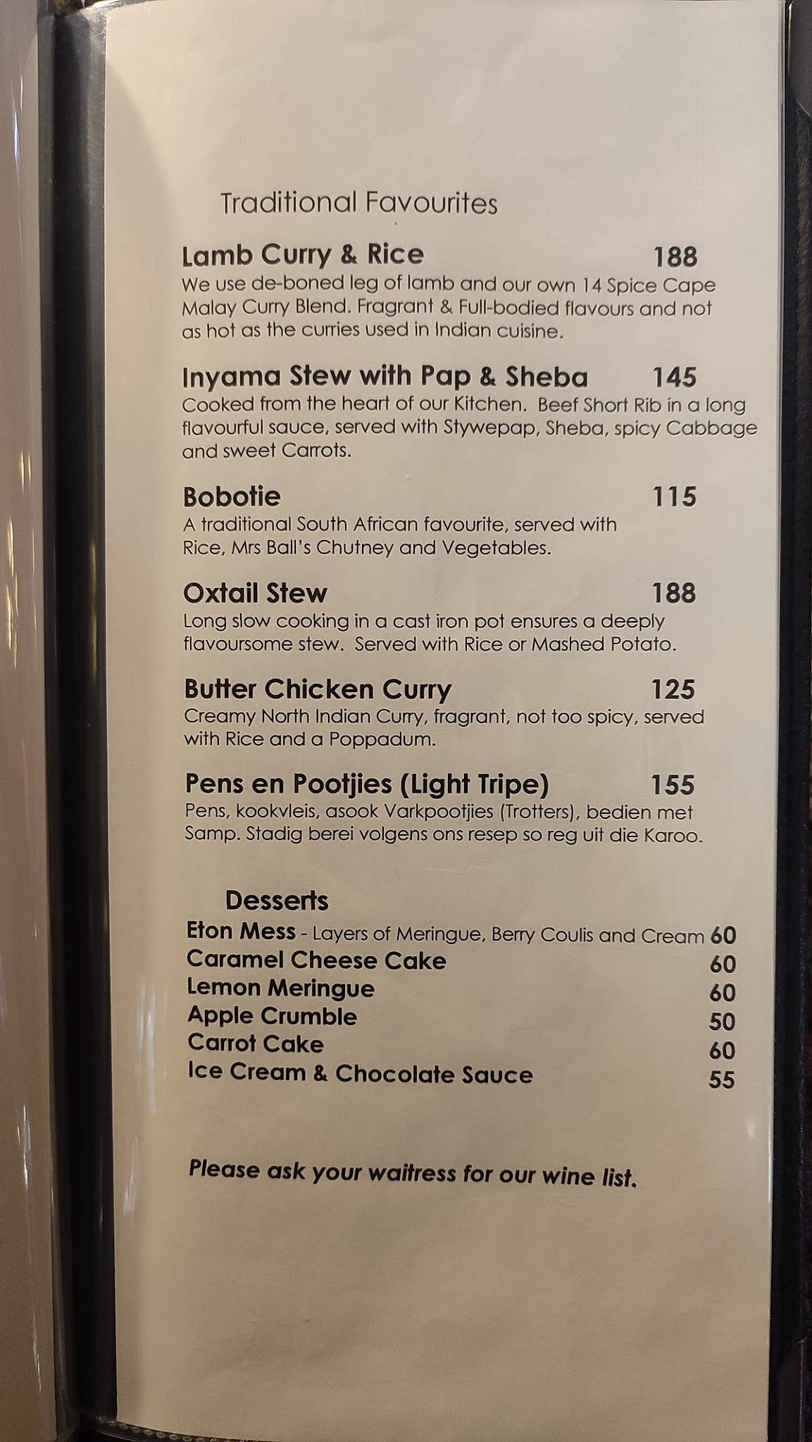 Menu at Le Chameleon restaurant, Humansdorp