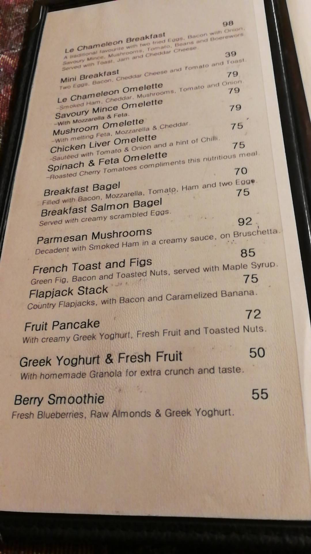 Menu at Le Chameleon restaurant, Humansdorp