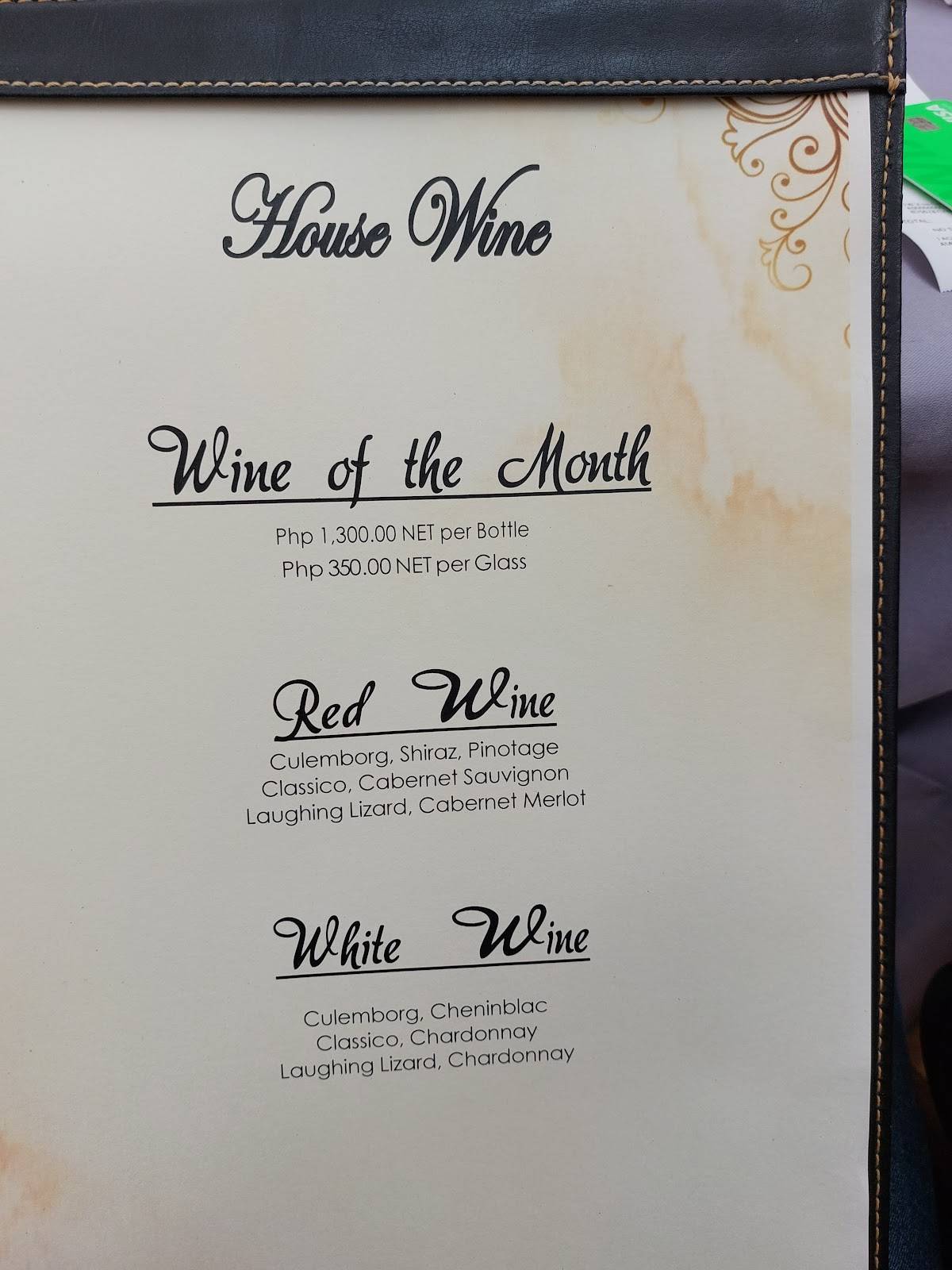 Menu at Le Chef cafe, Baguio