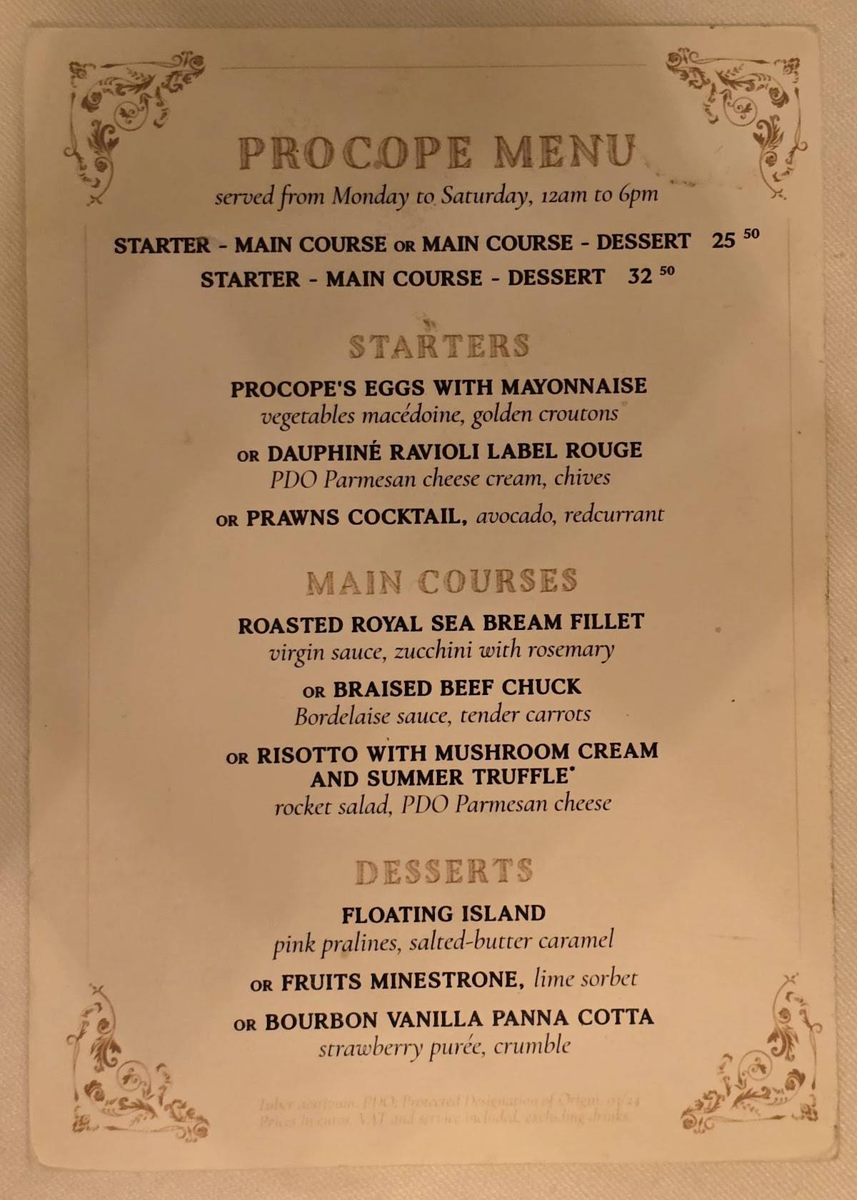 Menu au Café Procope, Paris, 13 Rue de l'Ancienne Comédie