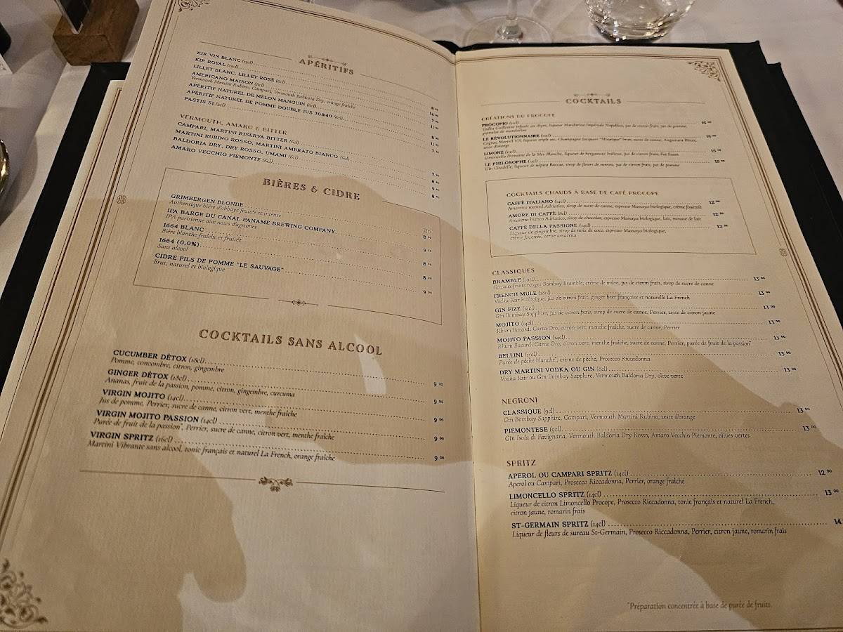 Menu at Le Procope restaurant, Paris, 13 Rue de l'Ancienne Comédie