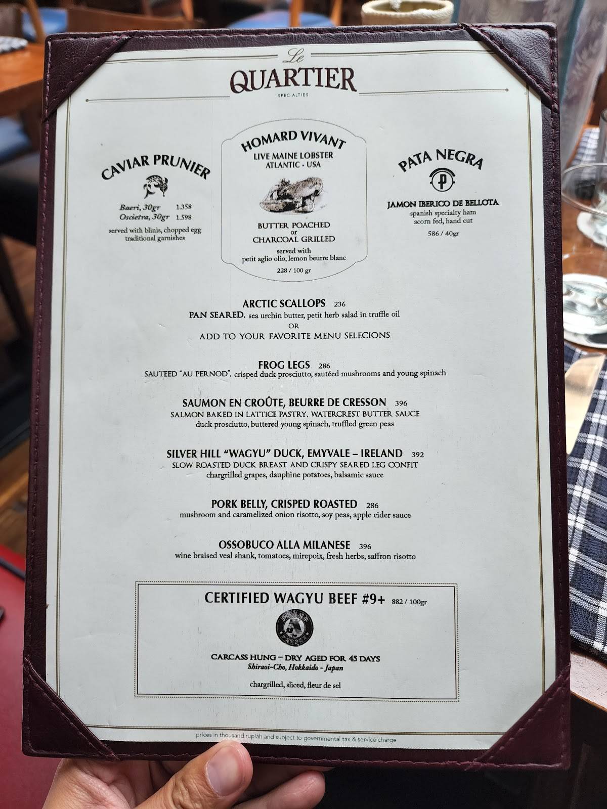Menu at Le Quartier restaurant, South Jakarta