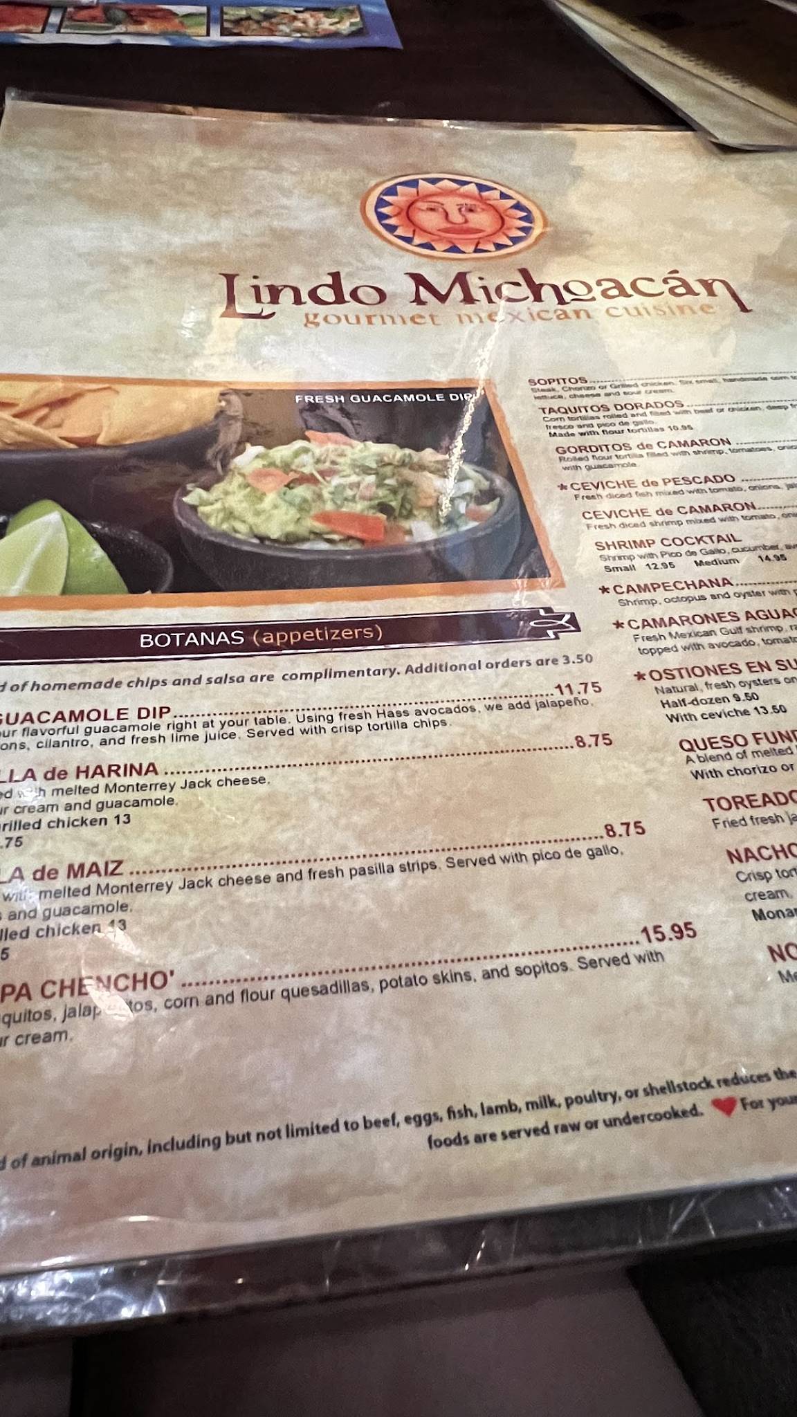 Menu at The Original Lindo Michoacan restaurant, Las Vegas, E Desert Inn Rd