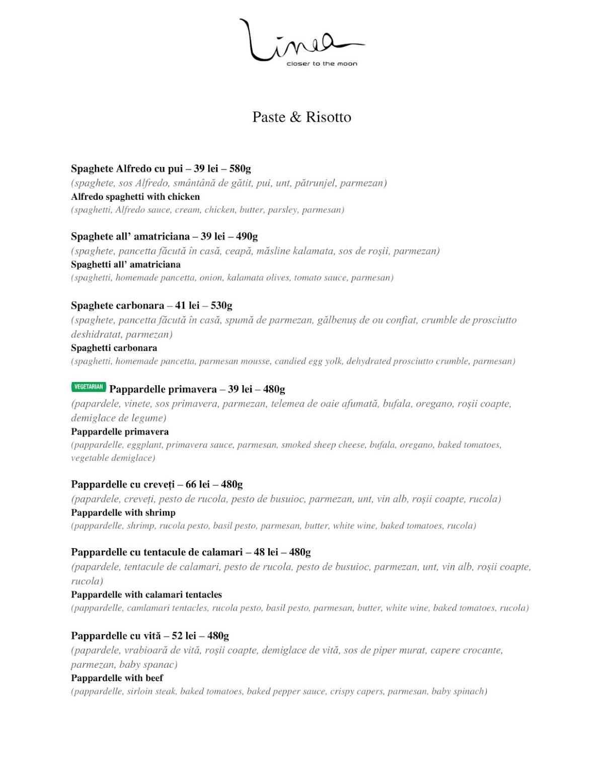 Menu at Linea / Closer To The Moon, Bucharest