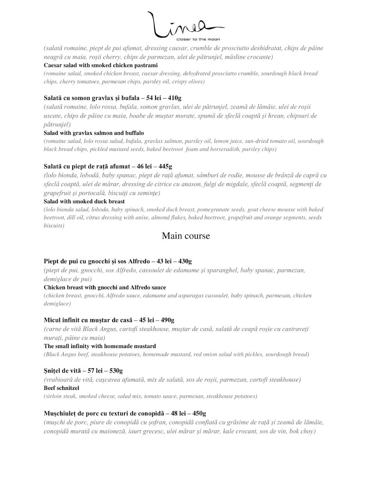 Menu at Linea / Closer To The Moon, Bucharest