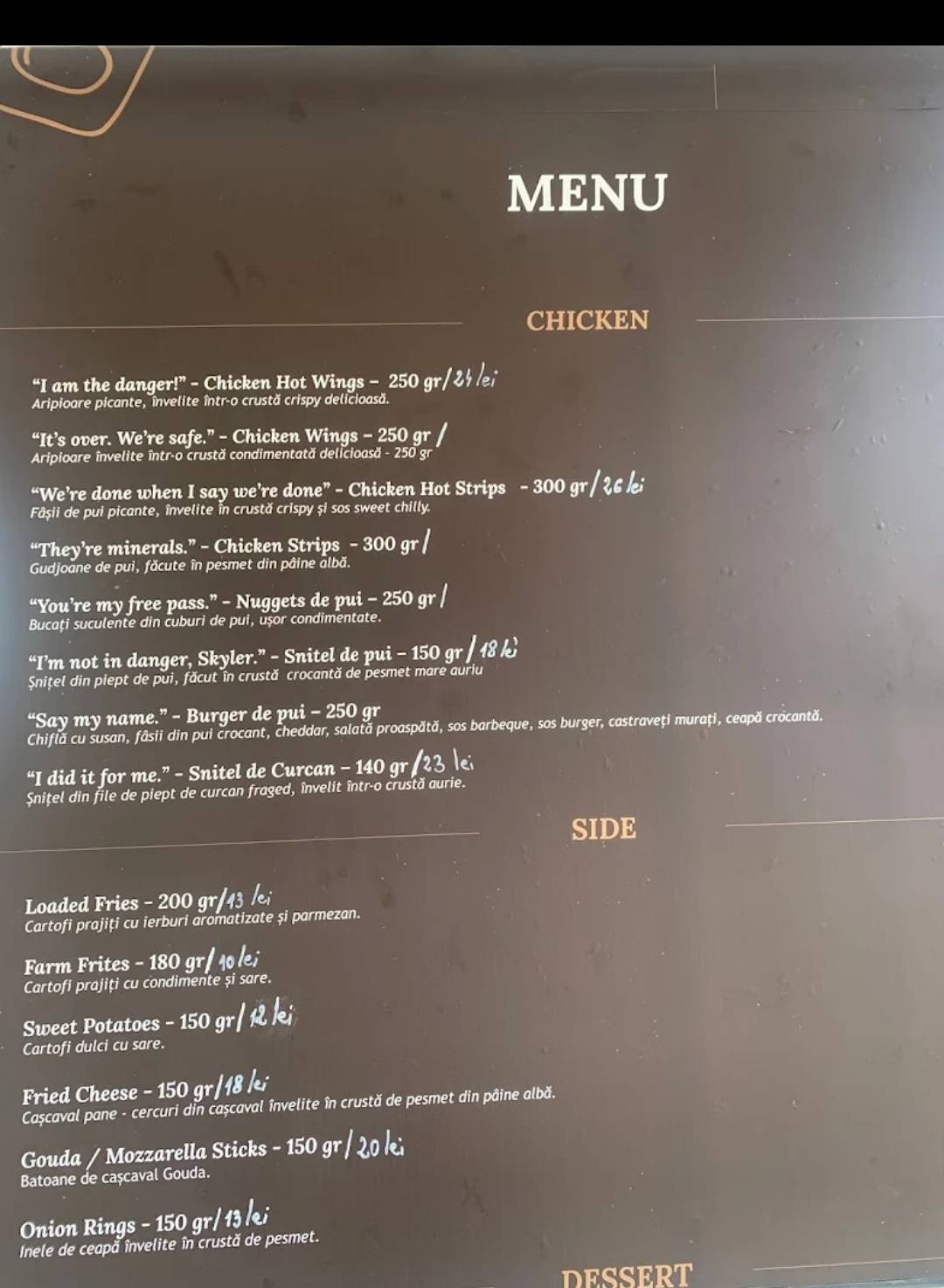 Menu au Los Pollos Hermanos, Popesti-Leordeni