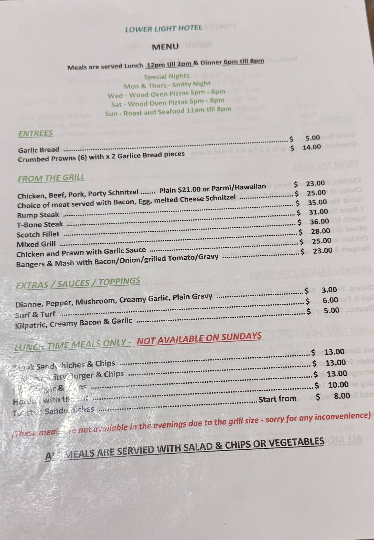 Menu at Lower Light Hotel restaurant, Lower Light, 33 Port Wakefield Rd