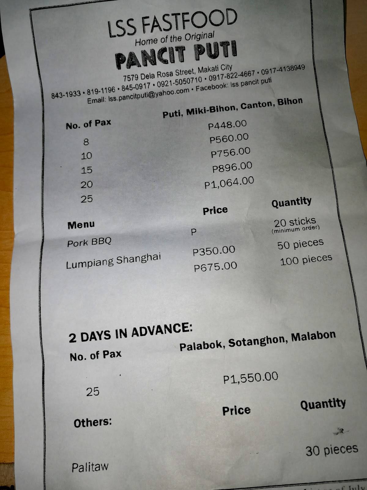 Carta del restaurante Lss Fastfood - Home of the Original Pancit Puti ...