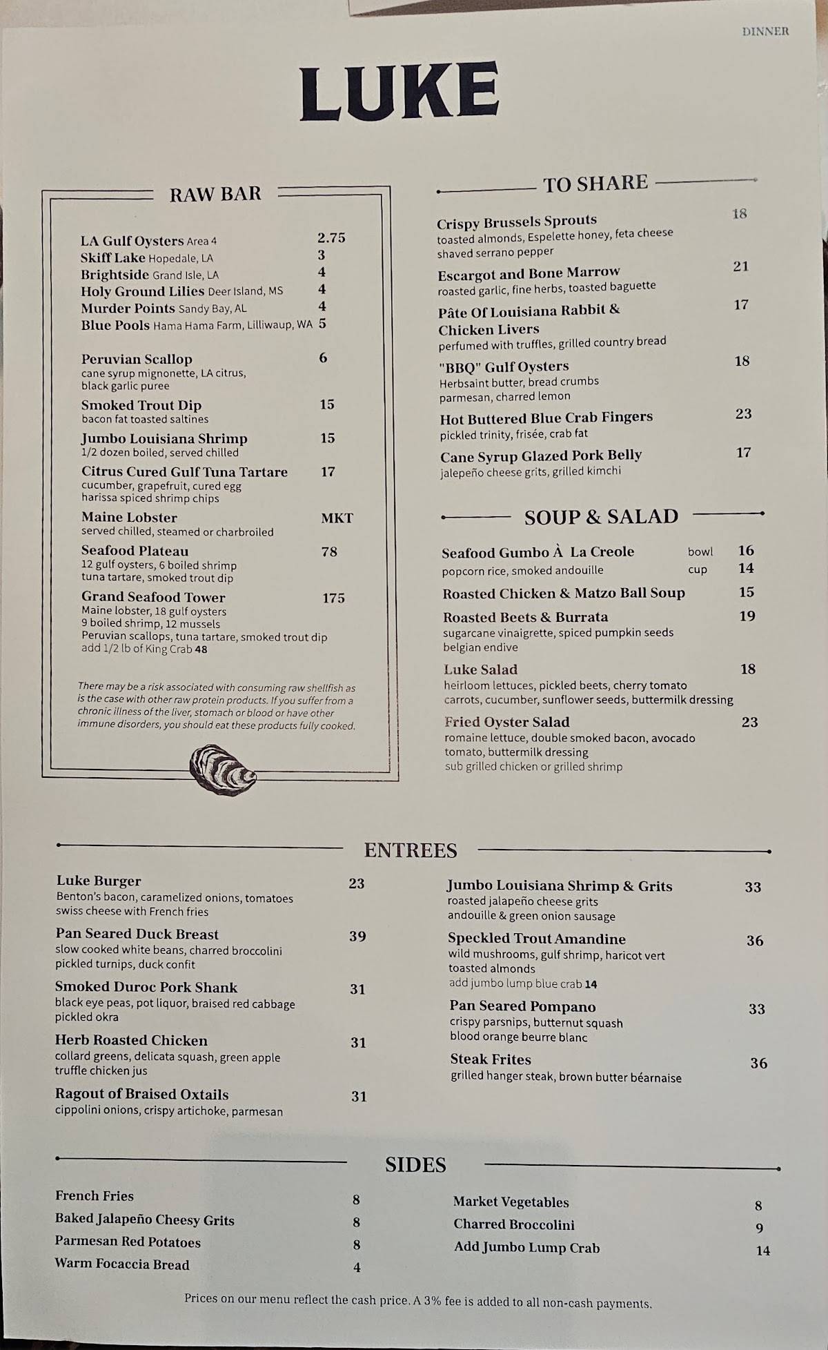 Menu at Luke restaurant, New Orleans