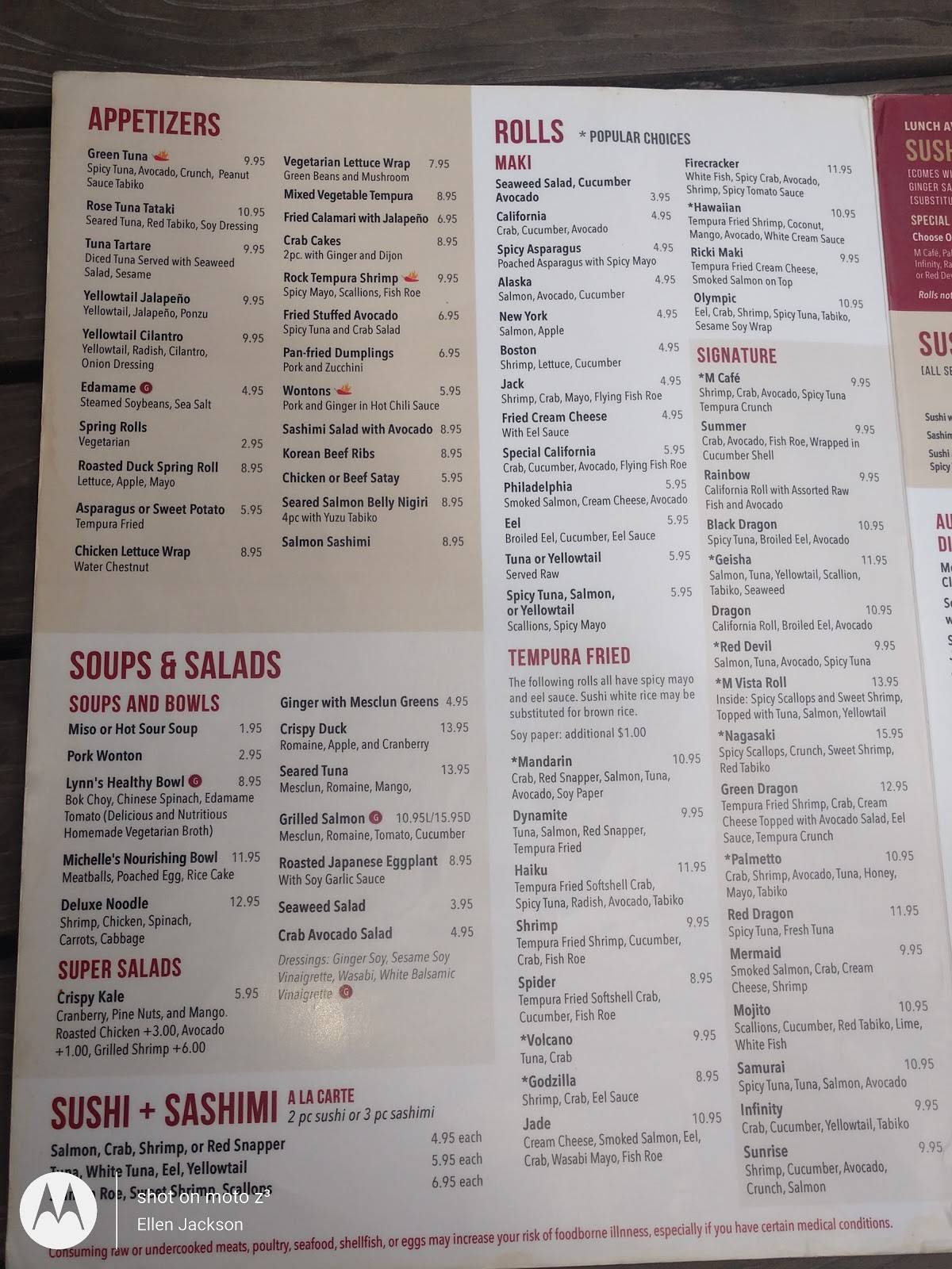 Menu at M Cafe, Columbia, 340 Columbiana Dr