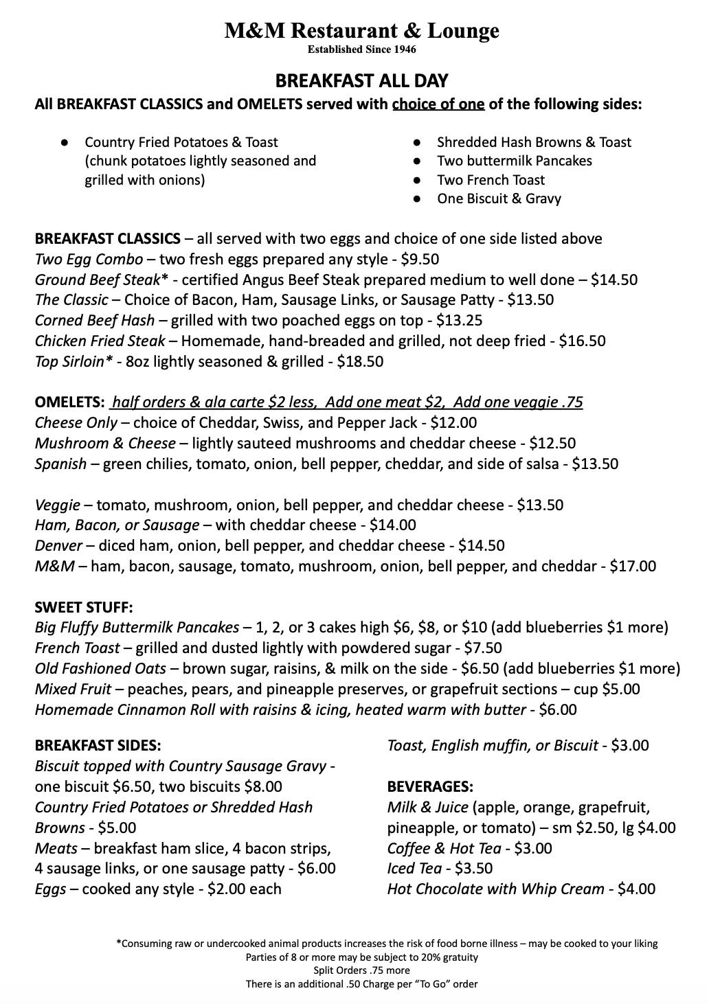 Menu at M & M Restaurant & Lounge, Gresham