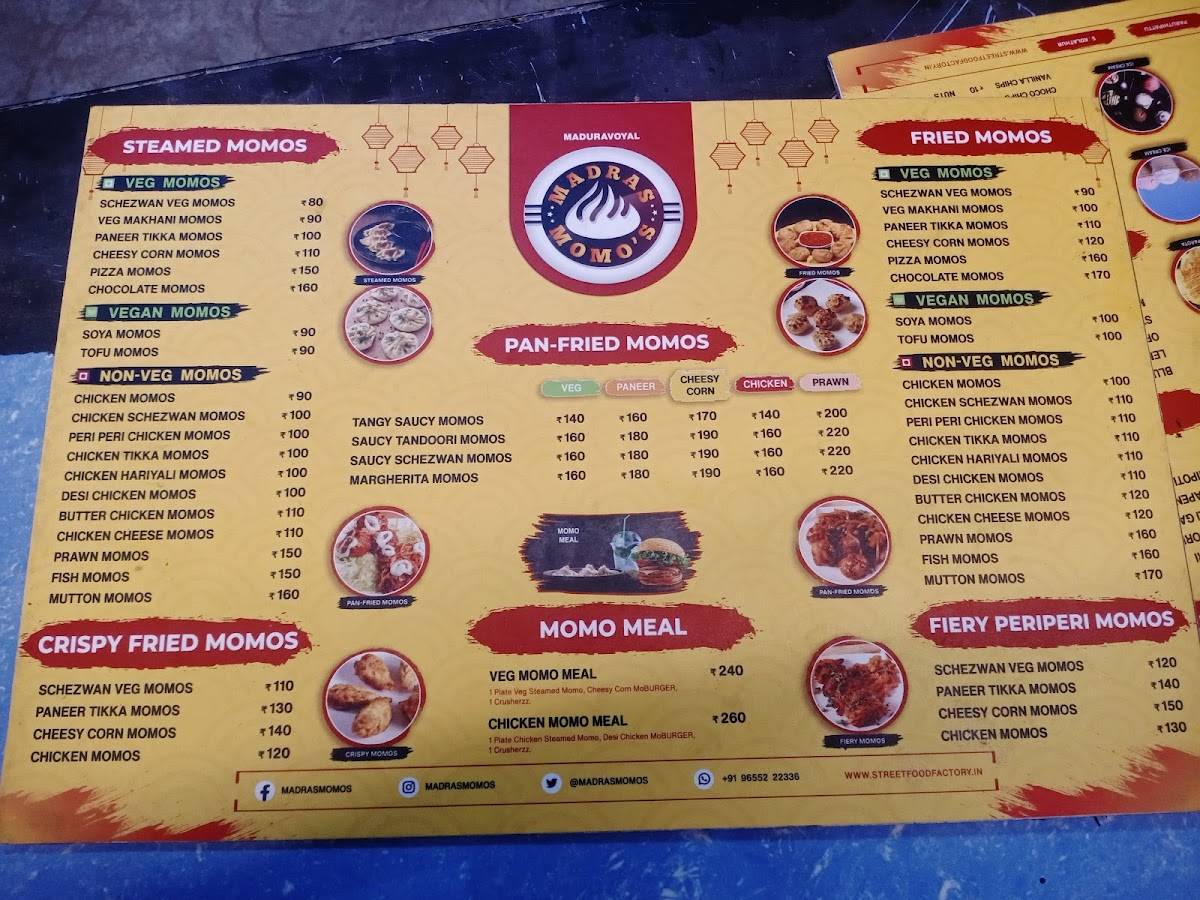 Menu at MADRAS MOMOS STREET FOOD FACTORY MOMOS CRUSHERS FRIES ICECREAM ...