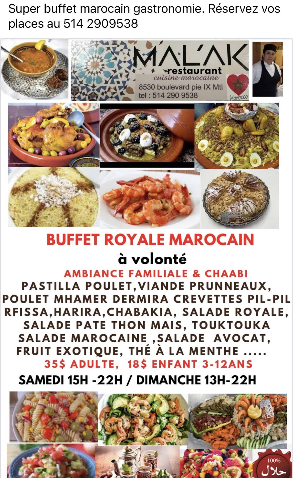 Menu au MALAK Restaurant marocain, Montréal