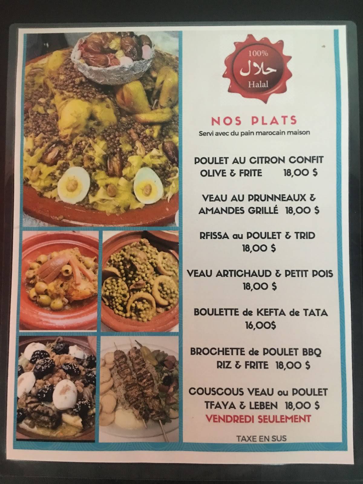 Menu au MALAK Restaurant marocain, Montréal