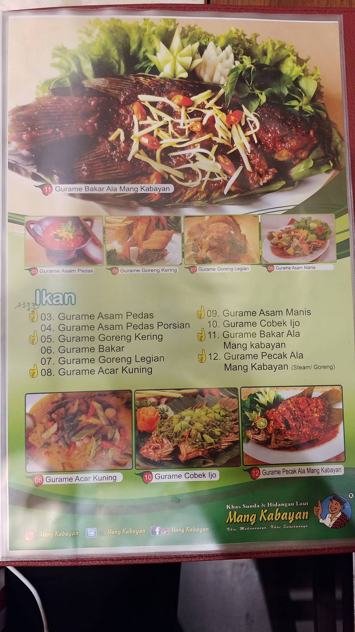 Menu at Mang Kabayan Jababeka restaurant, Bekasi Regency, Komplek Movieland