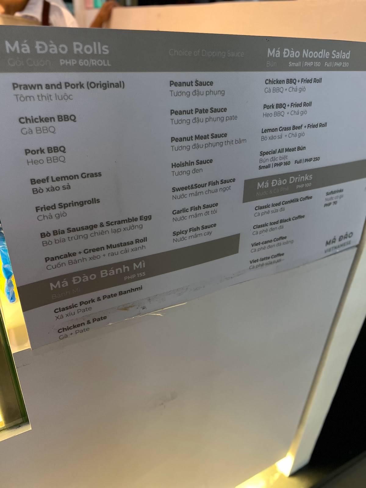 Menu at Má Đào Vietnamese Spring Rolls restaurant, Makati