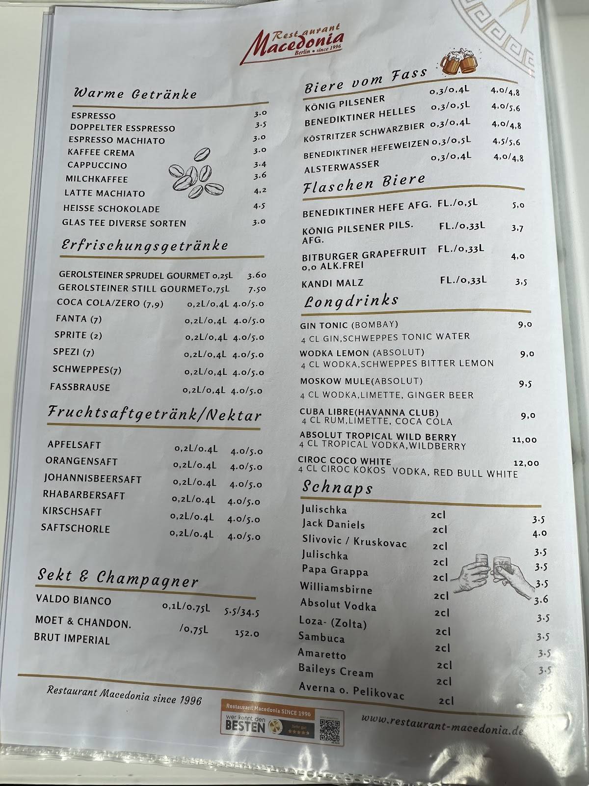 Speisekarte von Restaurant Macedonia, Berlin