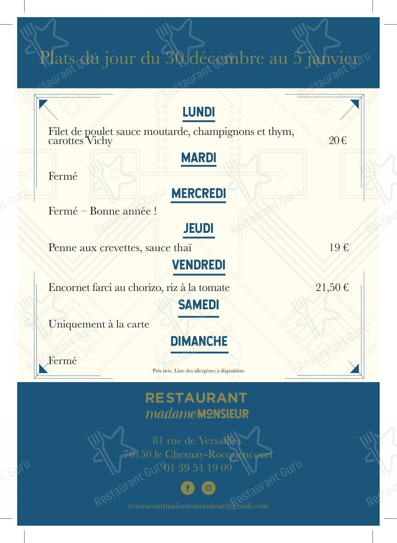 Menu au Restaurant Madame Monsieur, Versailles