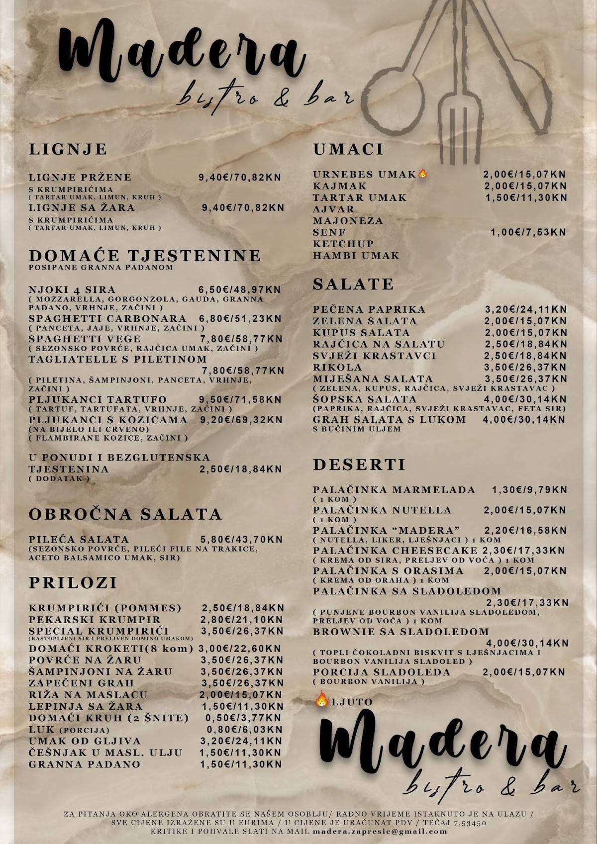 Menu at Madera restaurant, Zaprešić