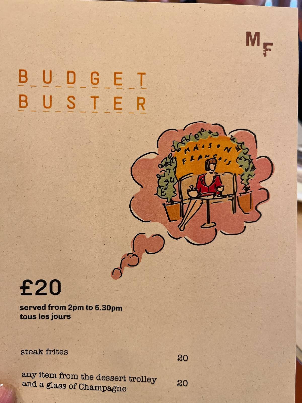 Menu at Maison François restaurant, London