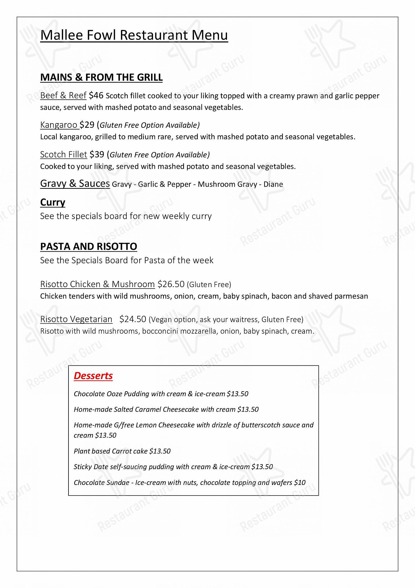 Menu at Mallee Fowl Restaurant, Berri, Sturt Hwy