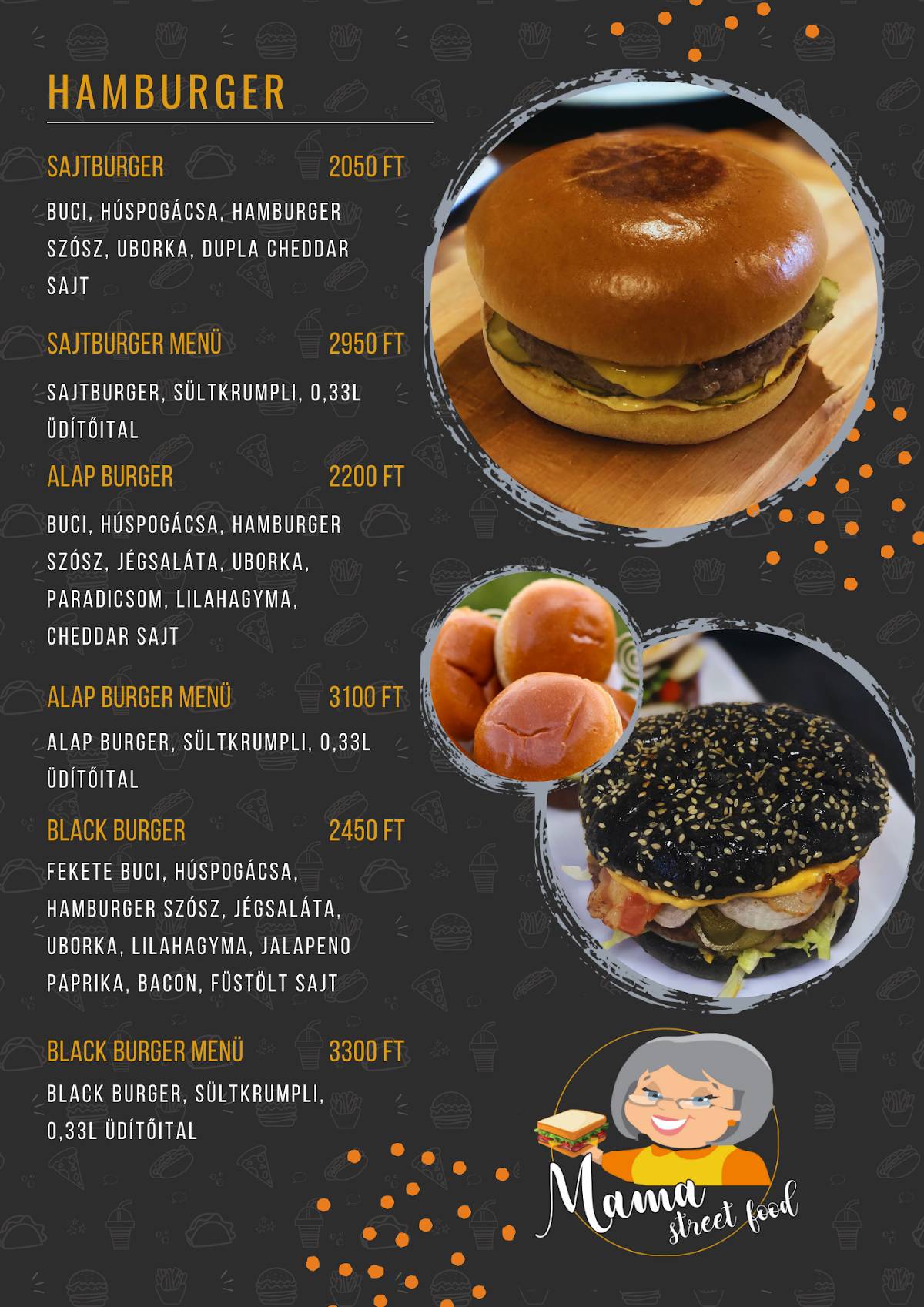 Menu at Mama street food restaurant, Pécs