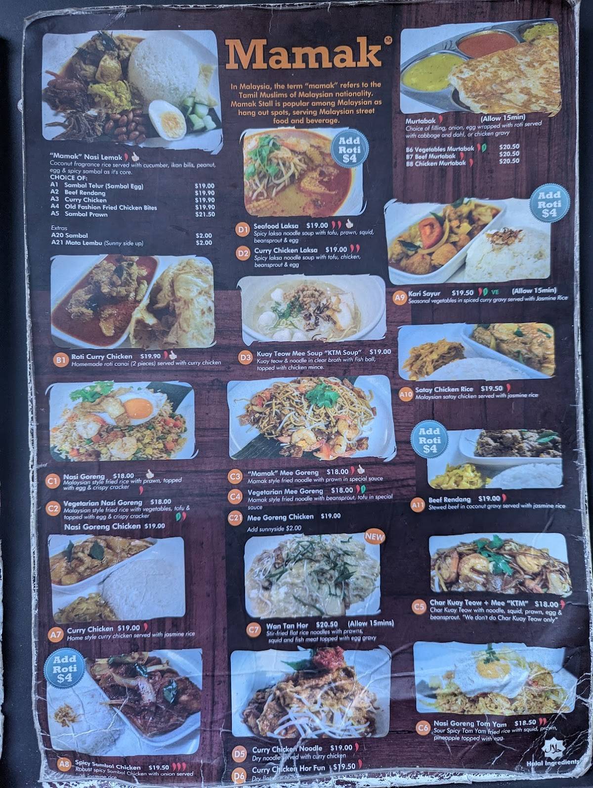 Menu at Mamak Malaysian Restaurant, Auckland