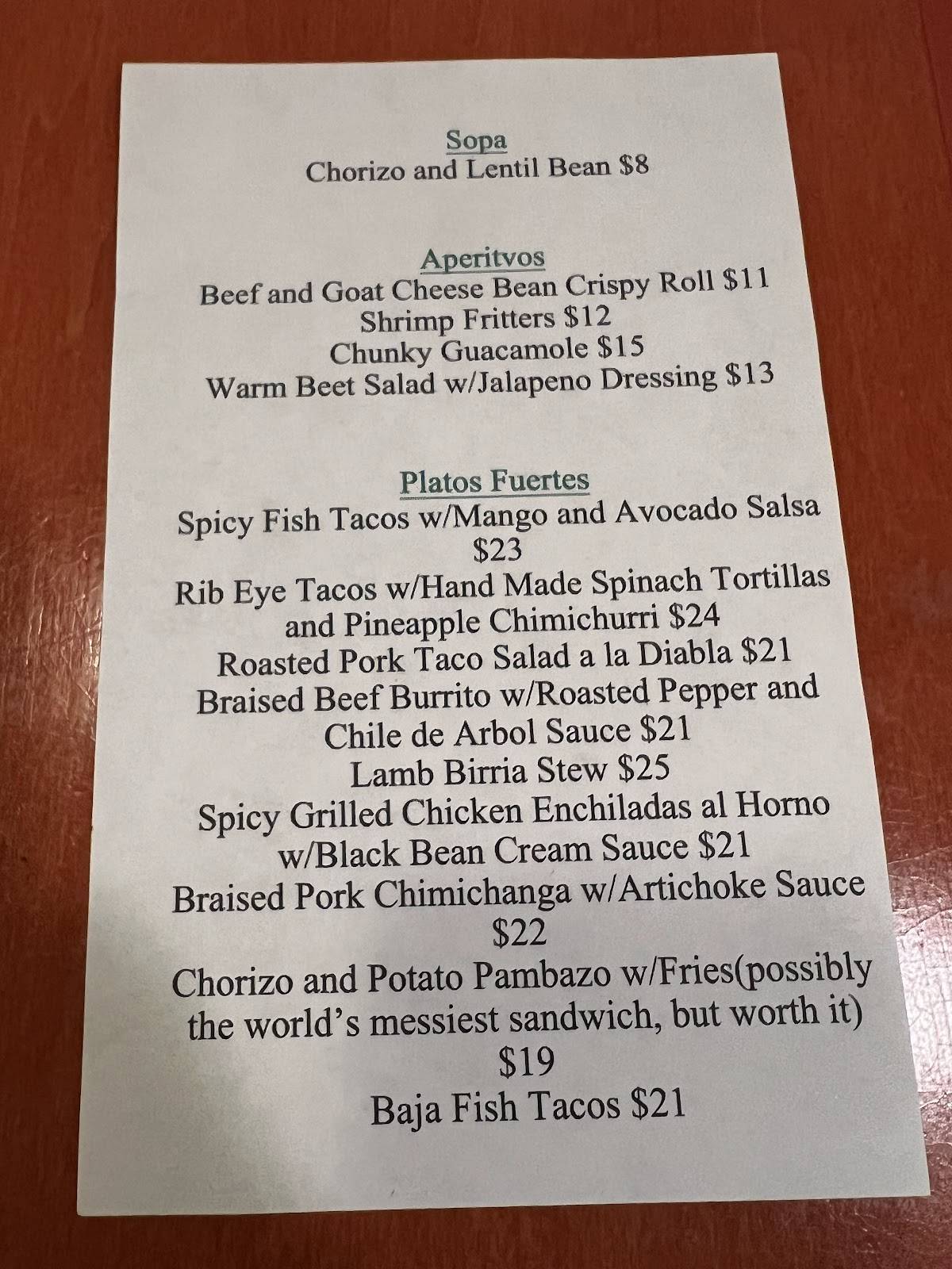 Menu at Mañana Cafe, Groton