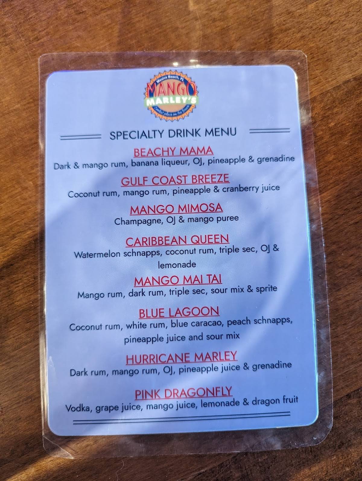 Menu at Mango Marley's restaurant, Mexico Beach