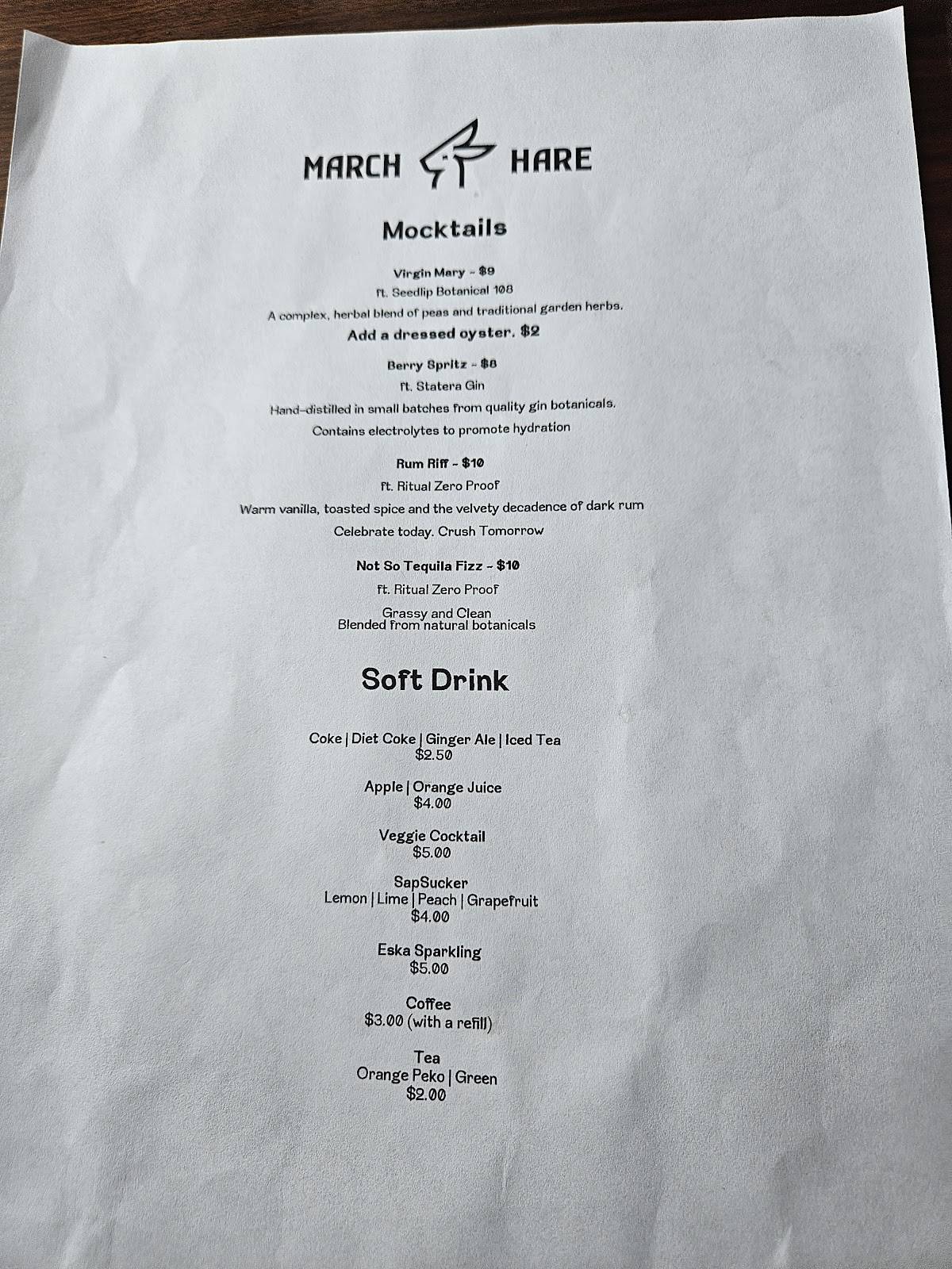 Menu at March Hare restaurant, Sarnia