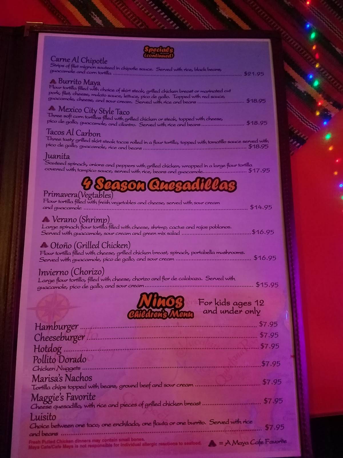 Menu at Maya Cafe, Fishkill