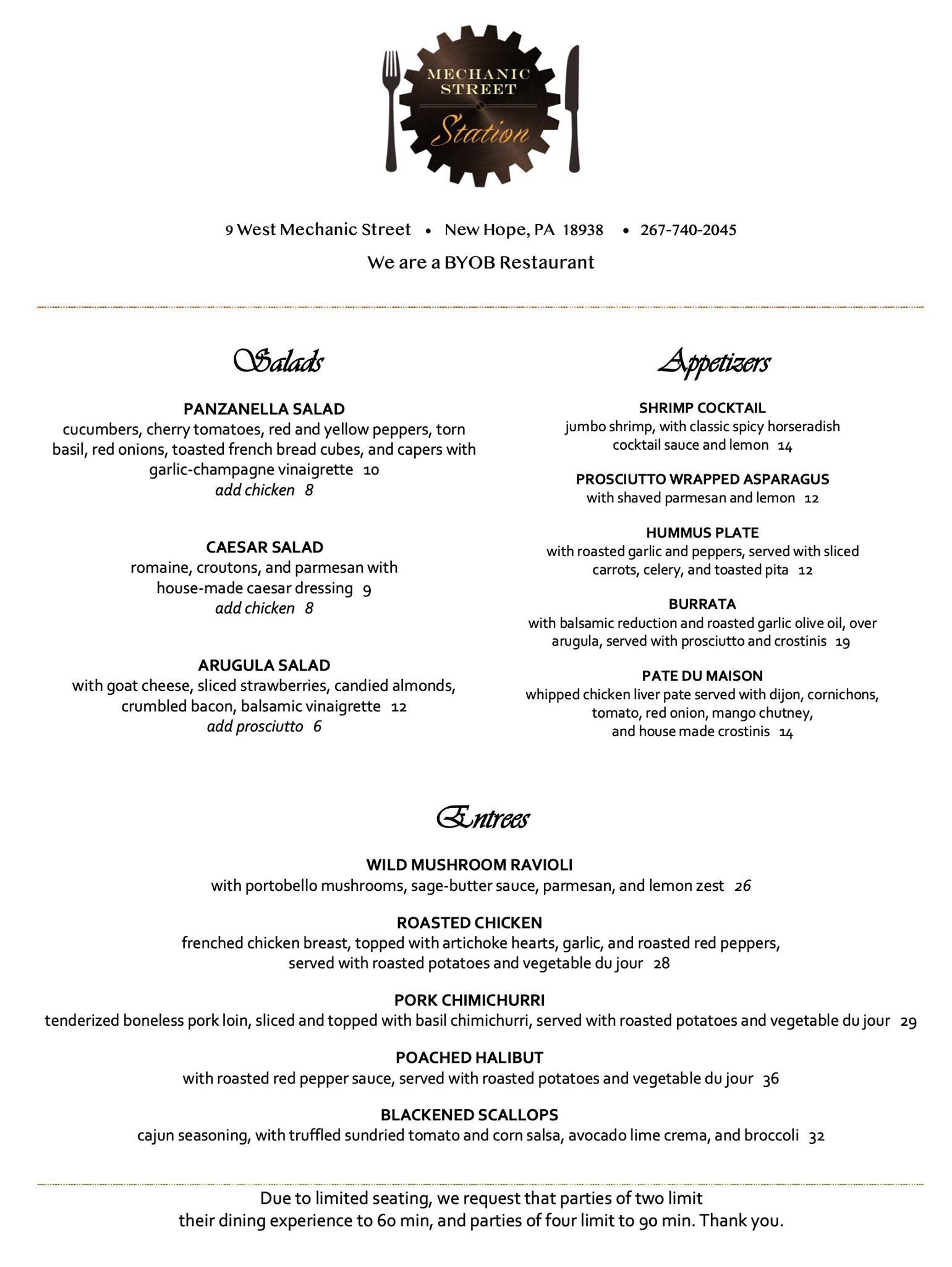 Menu at Mechanic Street Station restaurant, New Hope