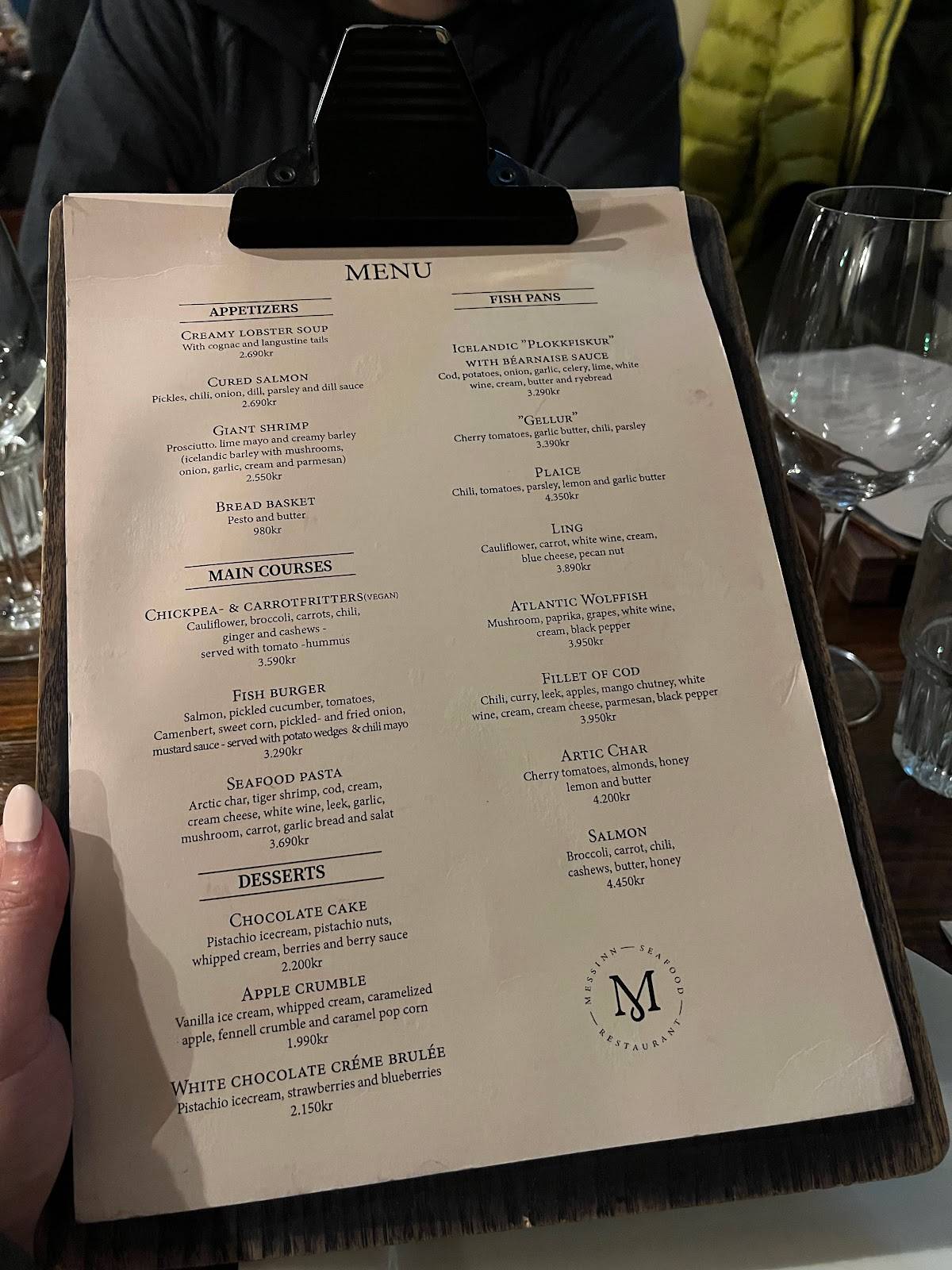Menu at Messinn restaurant, Reykjavík, Lækjargata 6
