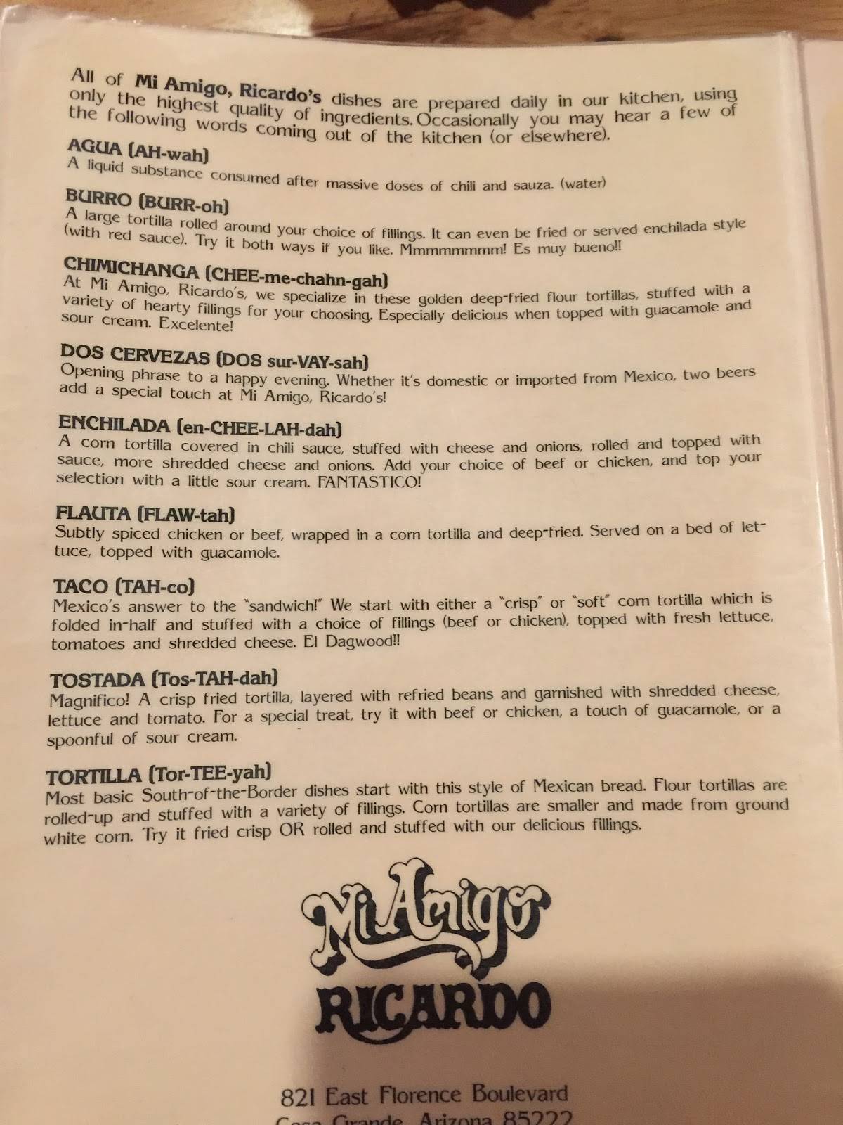 Menu at Mi Amigo Ricardo restaurant, Casa Grande