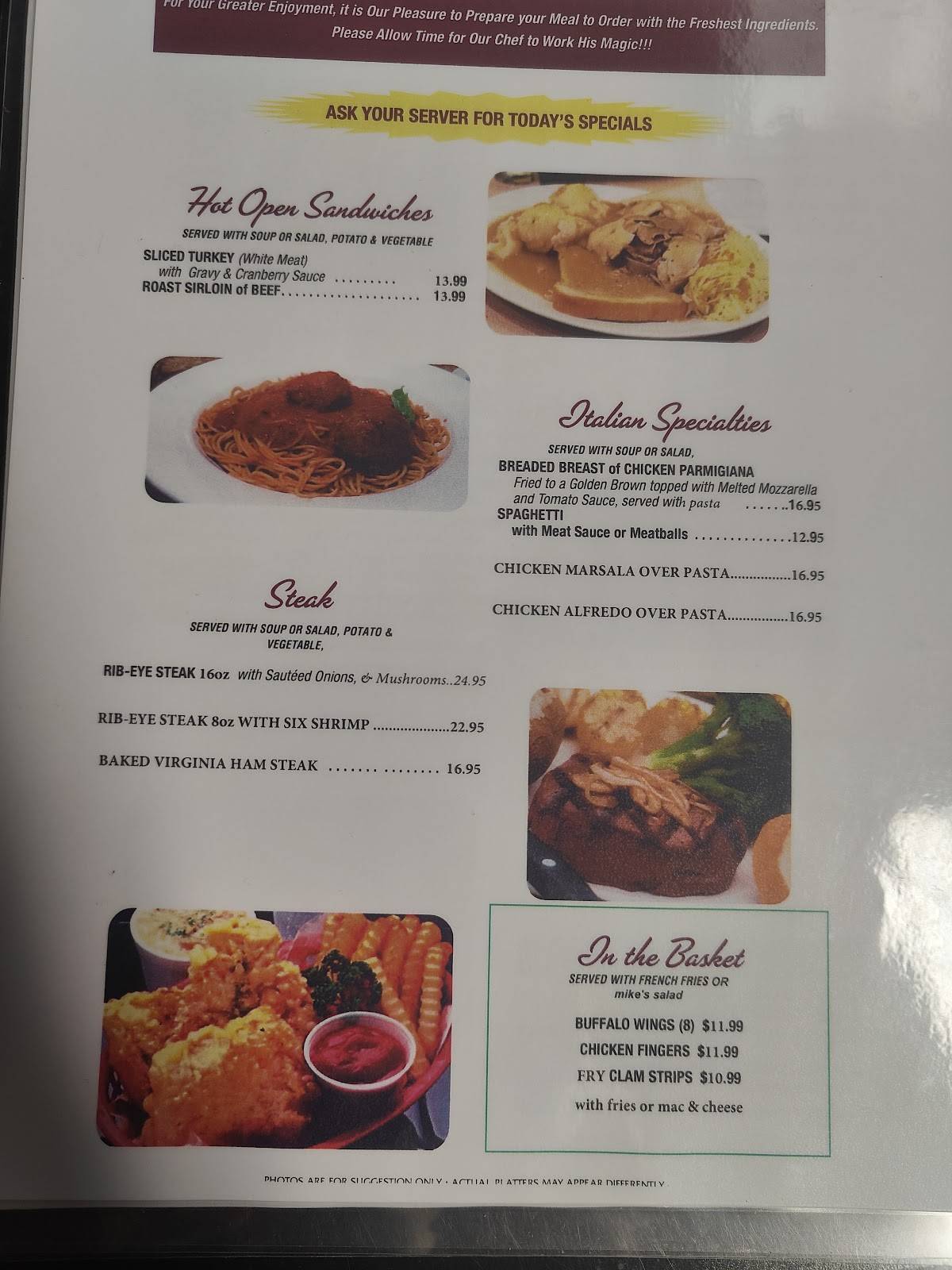 Menu at Mike's Diner cafe, Schenectady